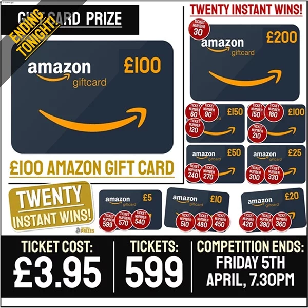 Amazon Prize Win a 100 Amazon Gift Card plus 20x Instant Win Prizes Over 1300 in prizes to be won
