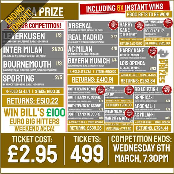 24-HOUR Bet Competition! Bill's Mega Weekend Bets! Win up to £800 worth ...
