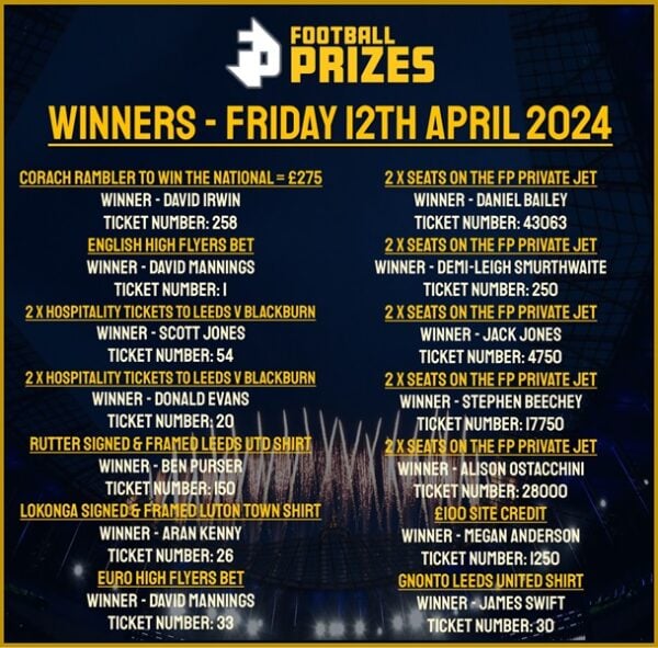 LIVE DRAW RESULTS – FRIDAY 12TH APRIL, 8.30PM DRAW - Football Prizes
