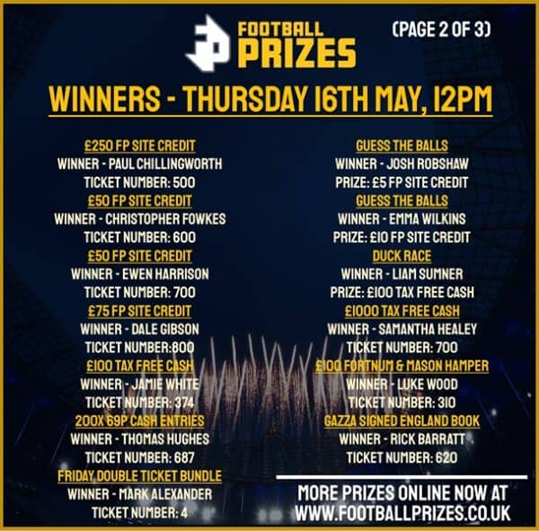 LIVE DRAW RESULTS – THURSDAY 16TH MAY, 12PM DRAW - Football Prizes