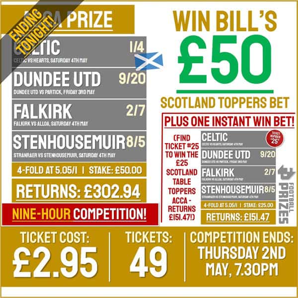 12-HOUR COMPETITION! Win Bill's £50 Scotland Table Toppers Weekend Bet ...