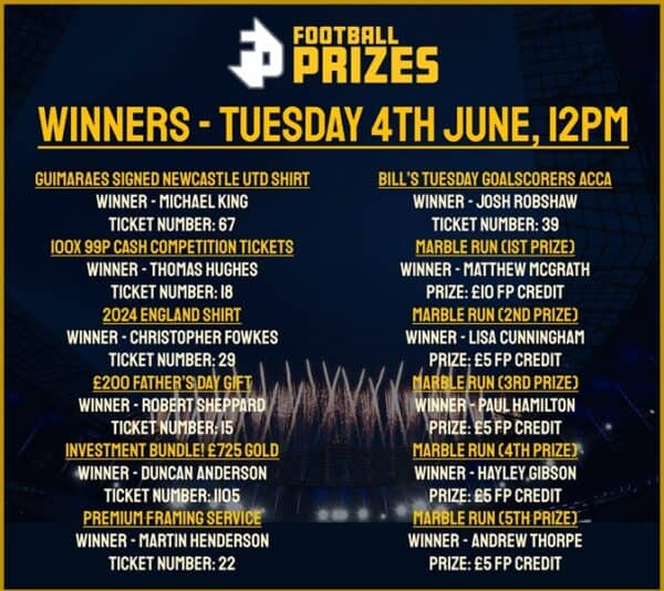 LIVE DRAW RESULTS – TUESDAY 4TH JUNE, 12PM DRAW - Football Prizes