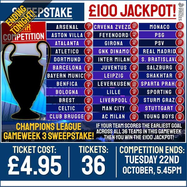 Sweepstake! UCL Gameweek 3 First Team to Score Sweepstake! Winner will recieve £100 Jackpot ...
