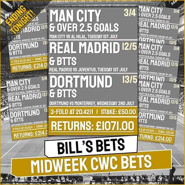 24-HOUR Competition! Midweek Club World Cup! Win Bill's '£50 CWC Bet ...